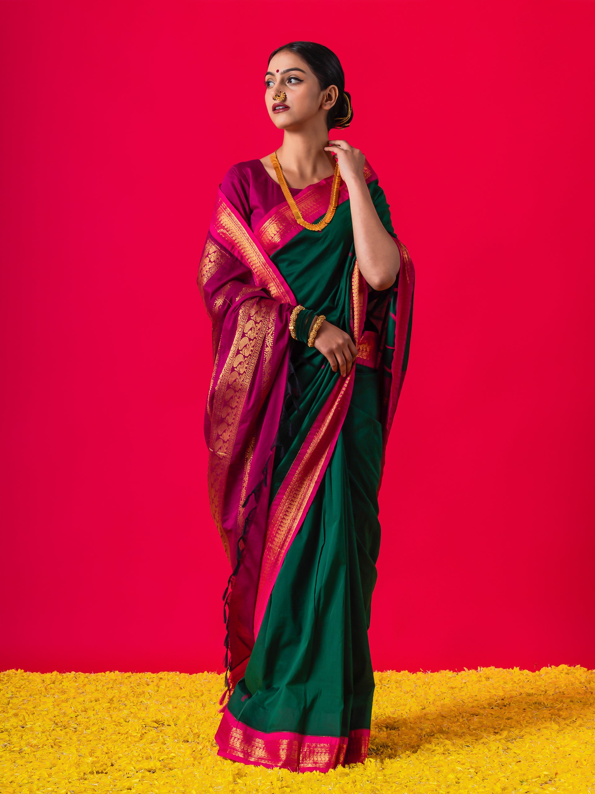 Green & Pink South Cotton Silk Saree with Blouse Fabric – Triyah